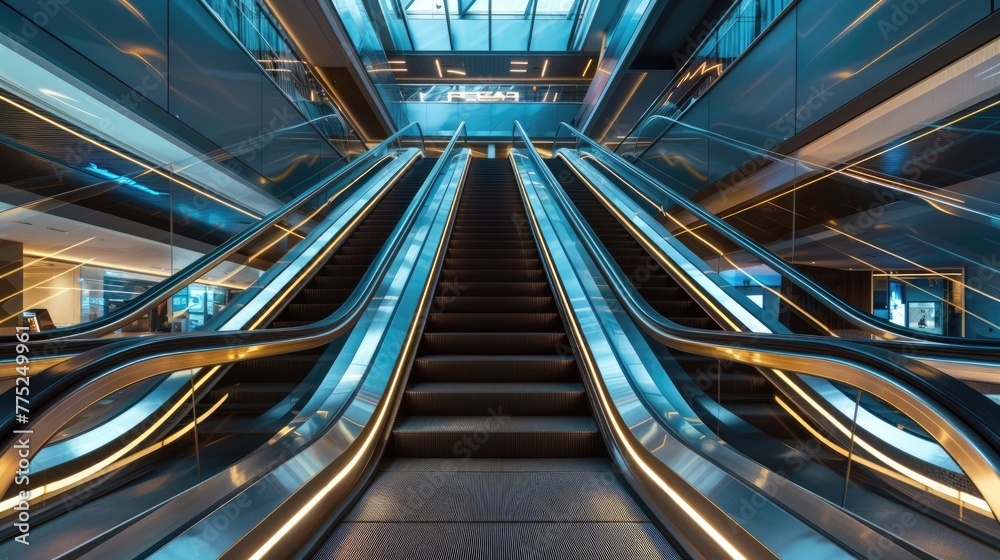 Modern Escalator in Mall Interior. Perspective Shot of Retail ...