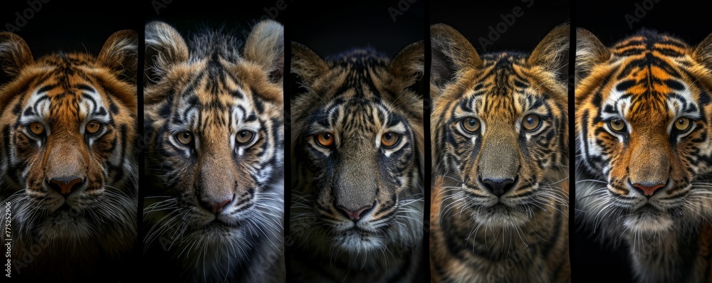A striking montage of tiger faces, showcasing various growth stages ...