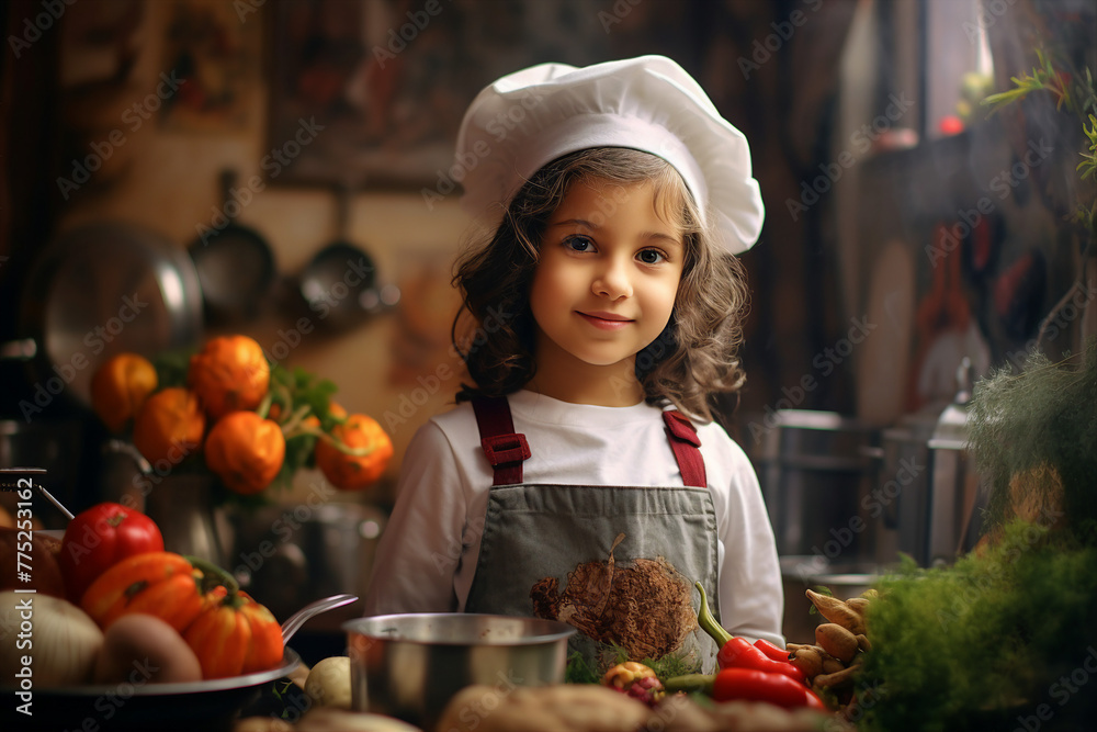AI generated photo of cute small little chef child in the kitchen Stock ...