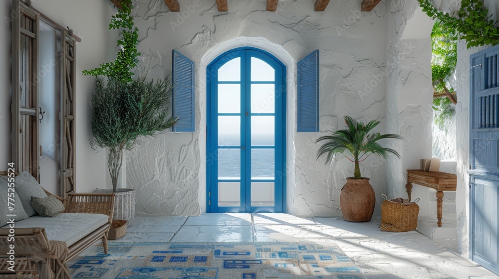 Cycladic architecture in greek island home with vibrant blue doors and ...