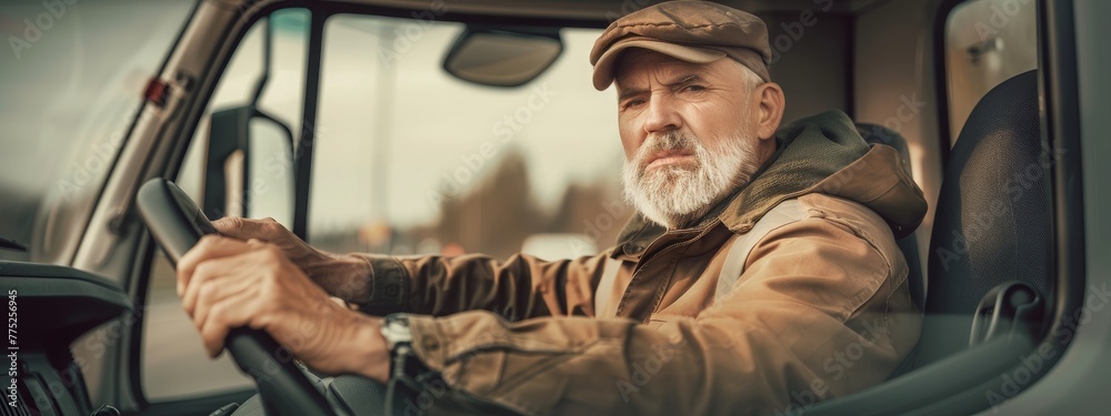lorry truck delivery driver elderly senior male man driving van sitting ...