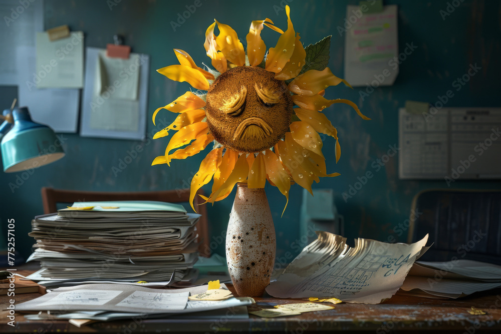 Sad and exhausted sunflower with stacks of documents on an office desk ...