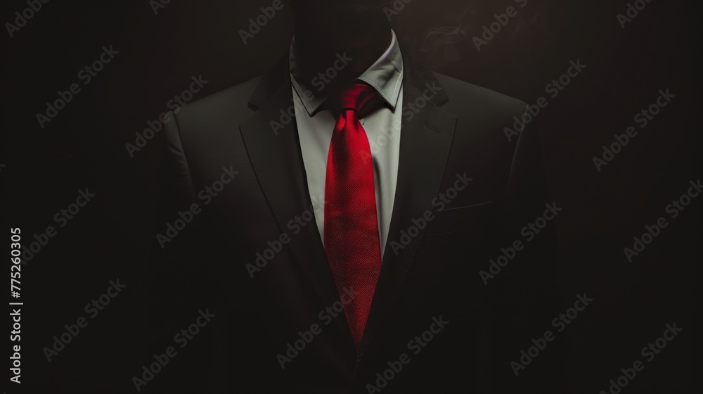 A nondescript male figure, attire complete with a suit and a bold red ...