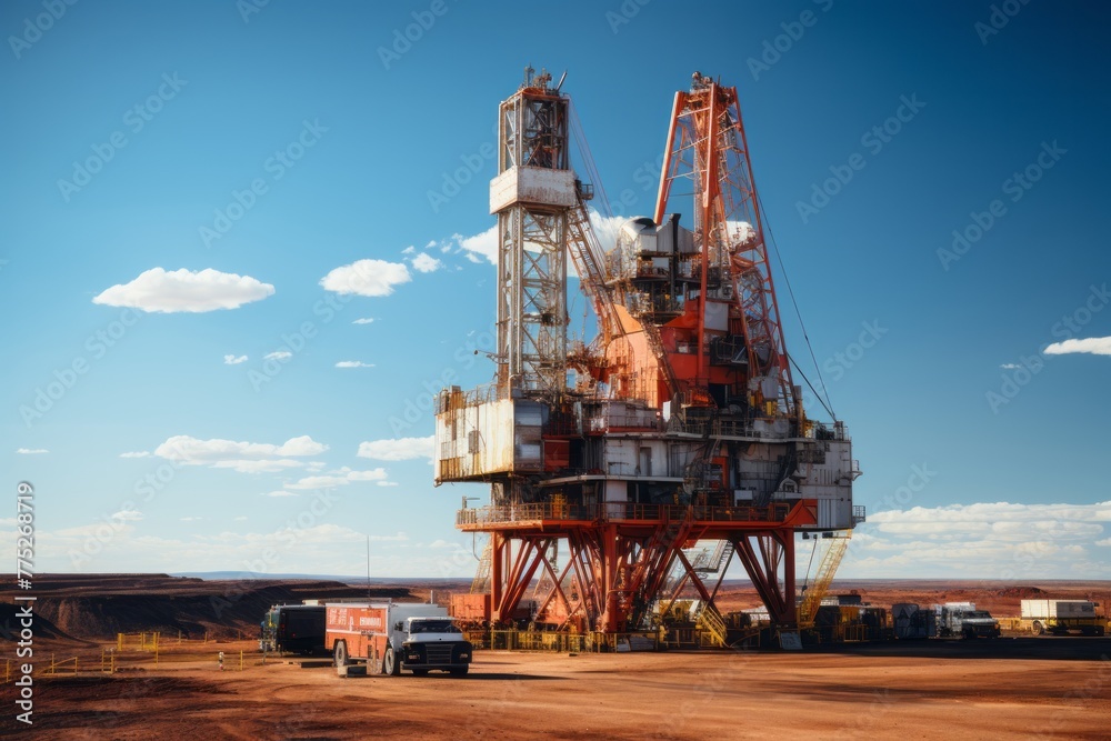 A massive drilling rig stands perched atop a vast dirt field under a ...
