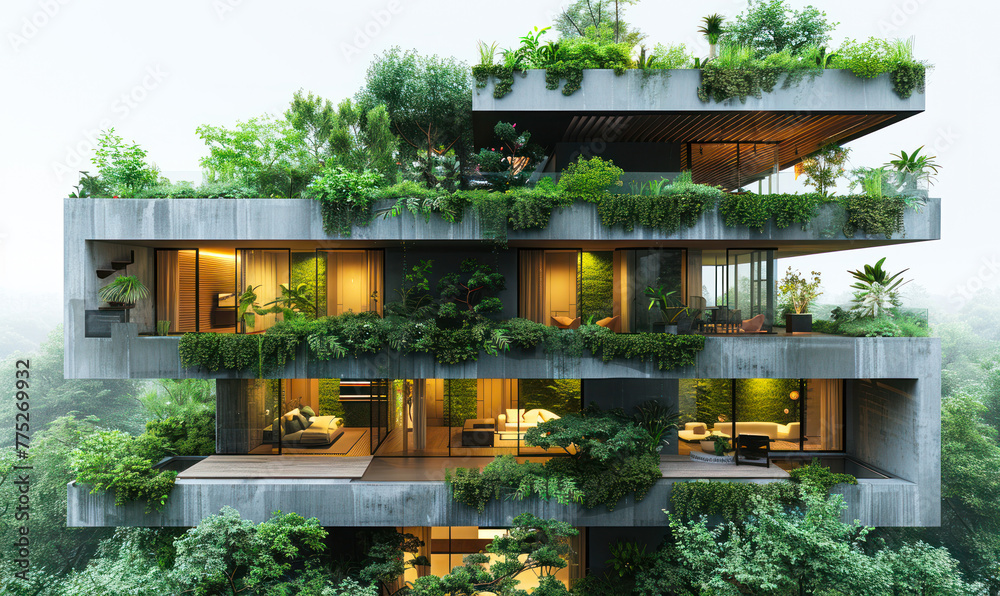 Sustainable architecture concept: Green building model, lush vegetation ...