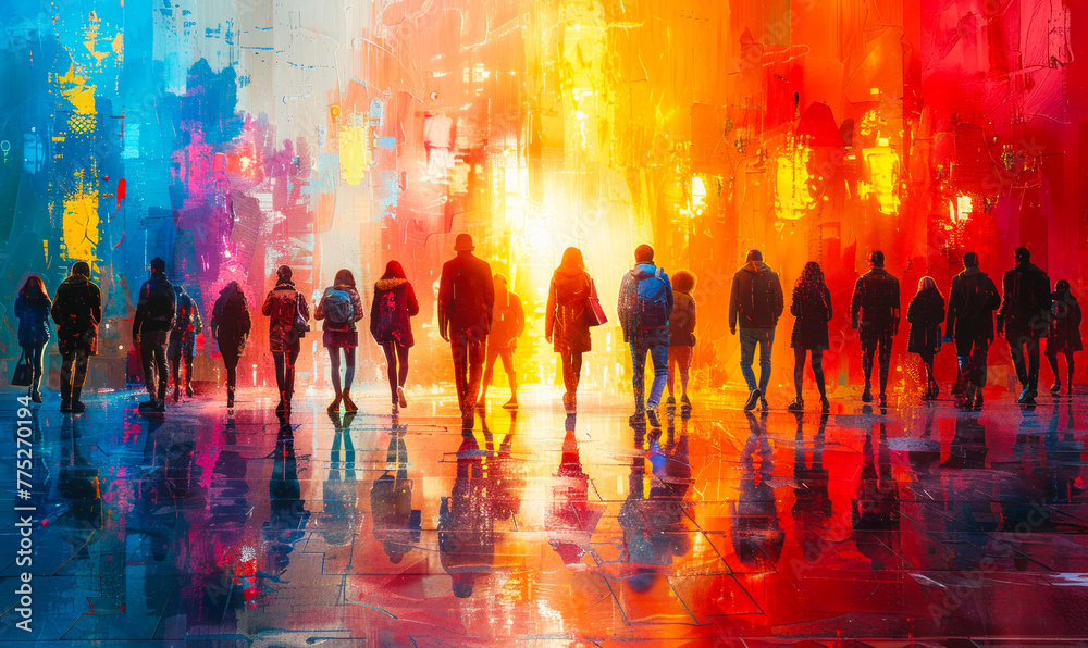 Diverse crowd of people walking in a colorful, dynamic urban ...