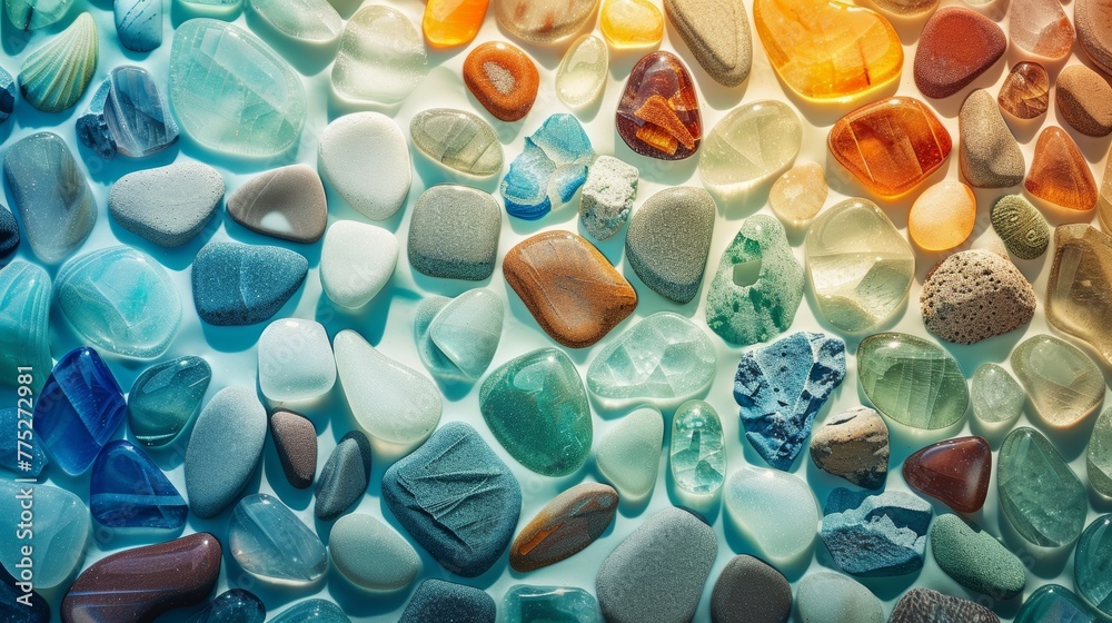 Top view of gleaming sea glass and stones on the beach, a colorful ...