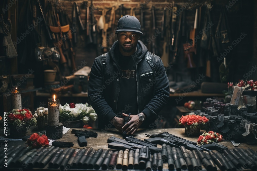 A gang member, sitting at a table displaying his collection of firearms ...