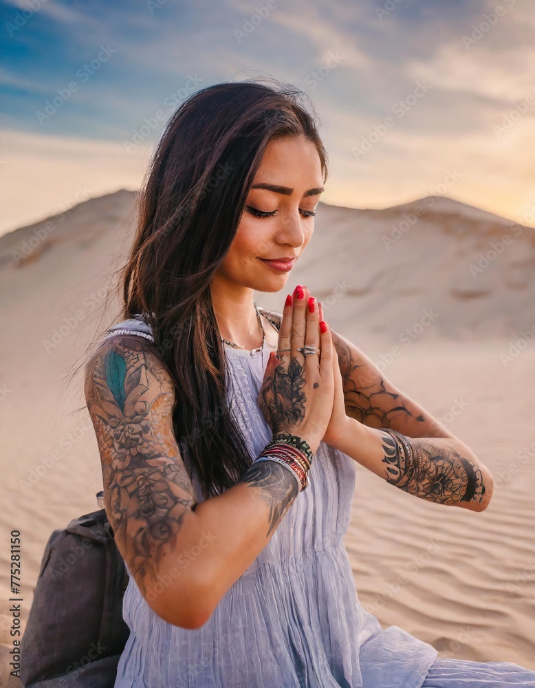 Chamane woman praying in desert with tattoos Stock Photo | Adobe Stock