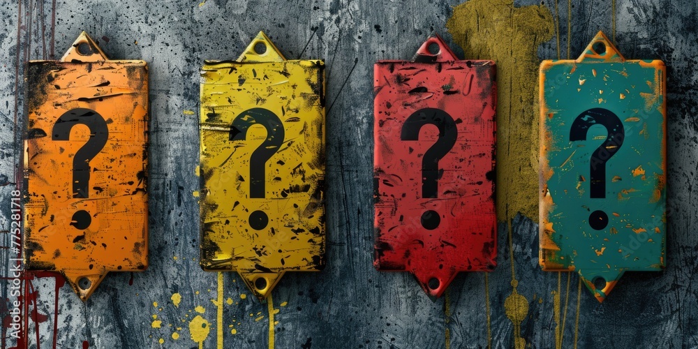 Row of colorful signs with question marks, perfect for educational or ...