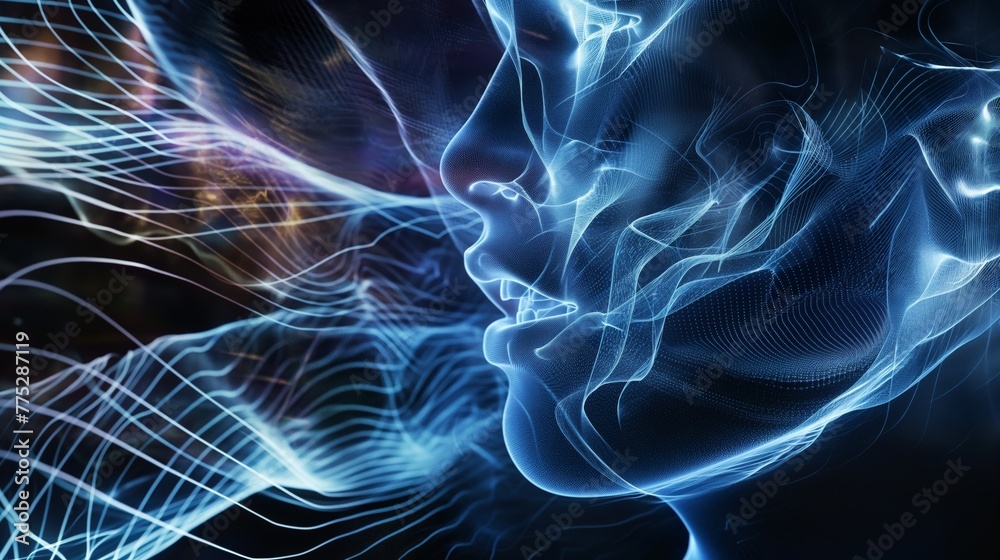 Artificial Intelligence AI human face hologram sound waves coding ...