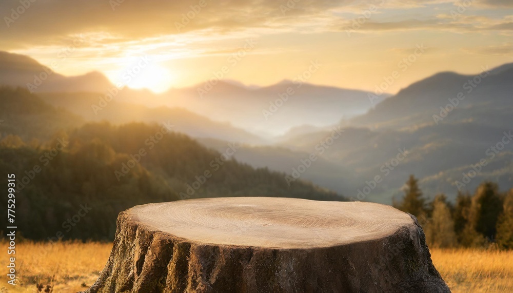 tree stump in landscape nature mountains background empty wood podium ...