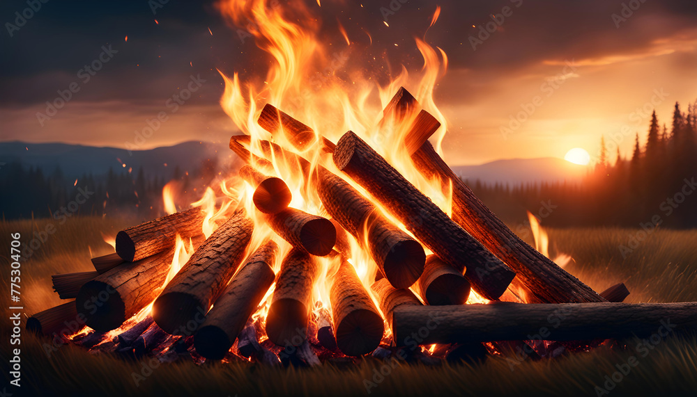 Holika Dahan poster illustration with big bonfire, tourist trekking with big bonfire, bonfire in ...