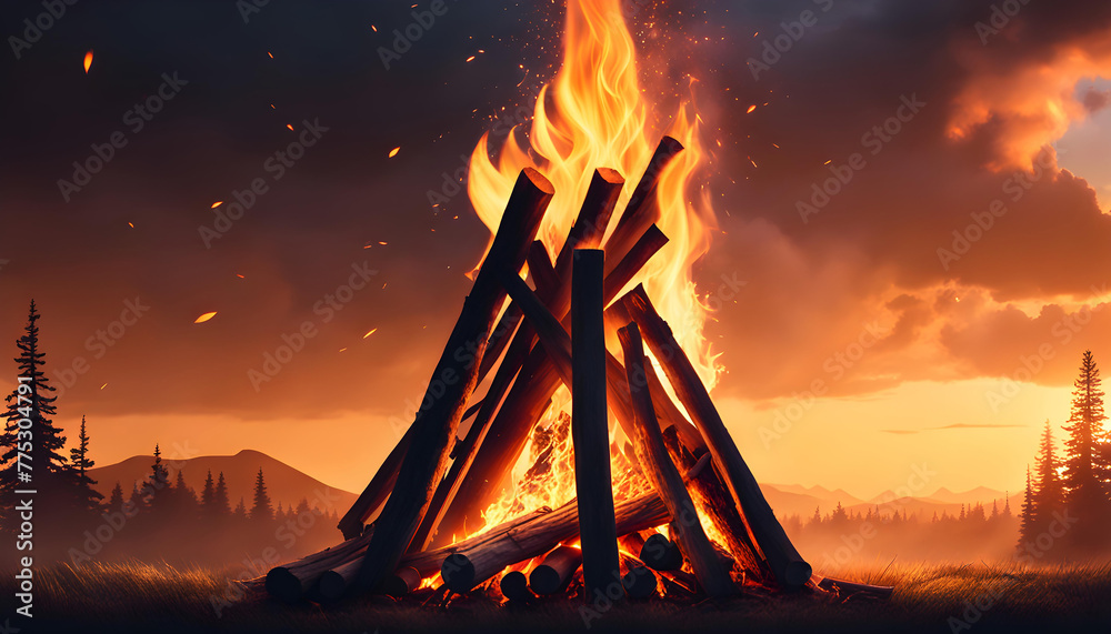 Holika Dahan poster illustration with big bonfire, tourist trekking ...