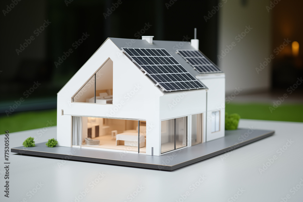 Detailed miniature white house with a red roof. Model features multiple ...