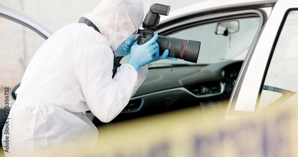 Car, crime scene and forensic photographer with pictures for evidence ...