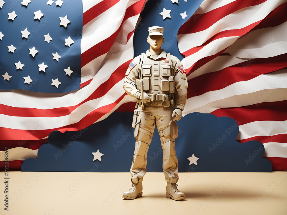 A Paper Cutout Of An American Soldier Standing Before The American Flag
