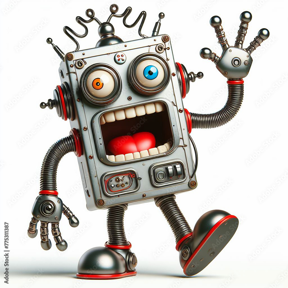 Portrait of wacky retro robot with waving hand gesture isolated on ...