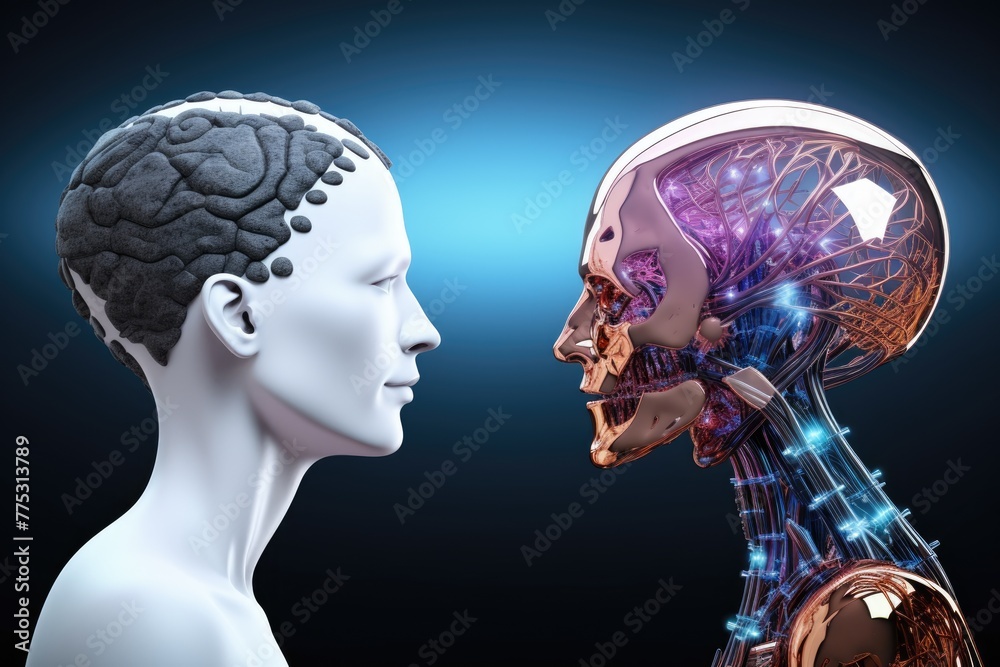 Digital artwork depicting a human profile facing a mechanical skull ...