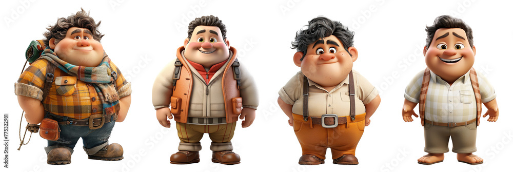 set of fat people cartoon characters, 3d design isolated on transparent ...