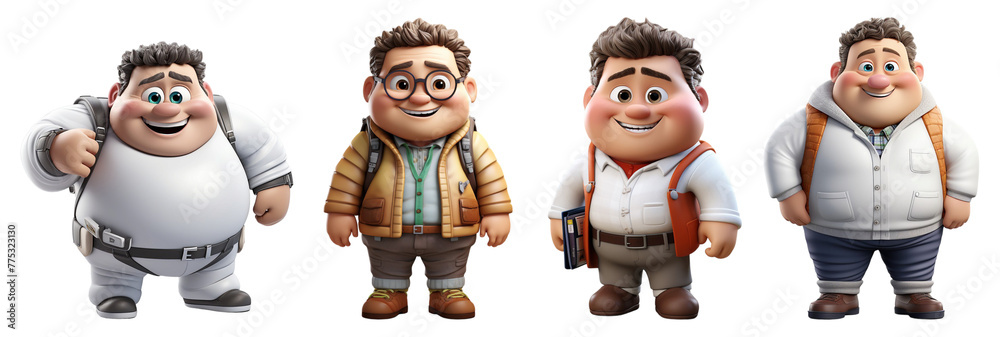 set of fat people cartoon characters, 3d design isolated on transparent ...