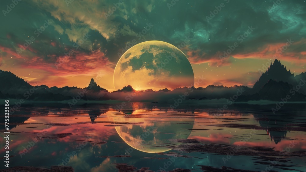 Serene landscape with moon over reflective lake - A tranquil landscape ...