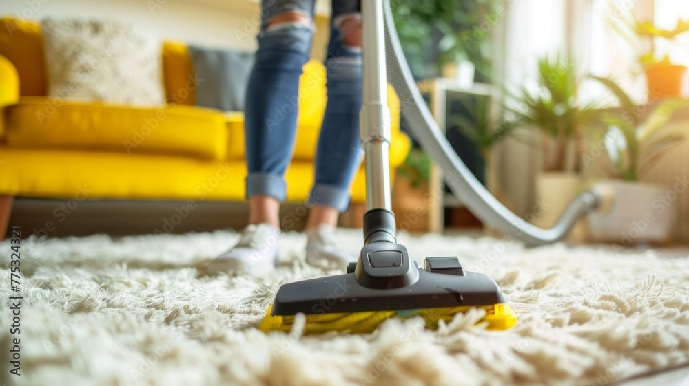 Vacuuming the living room with a modern device - Close-up action of ...