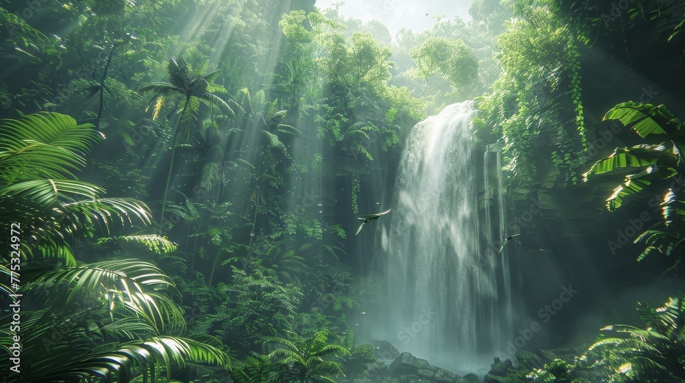 Vibrant amazon rainforest biodiversity with waterfall and rare birds in ...