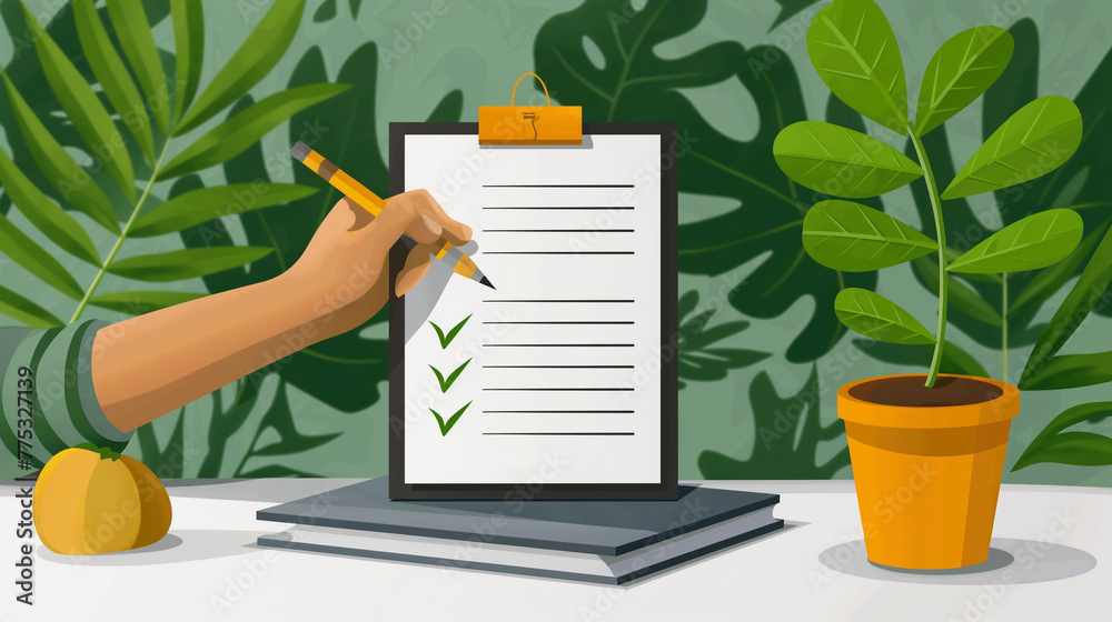 Hand holding checklist and hand holding pen. Sheet of paper with check ...