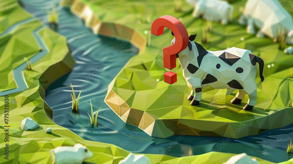 Low poly cow with question mark on map - A cow in low poly style stands ...