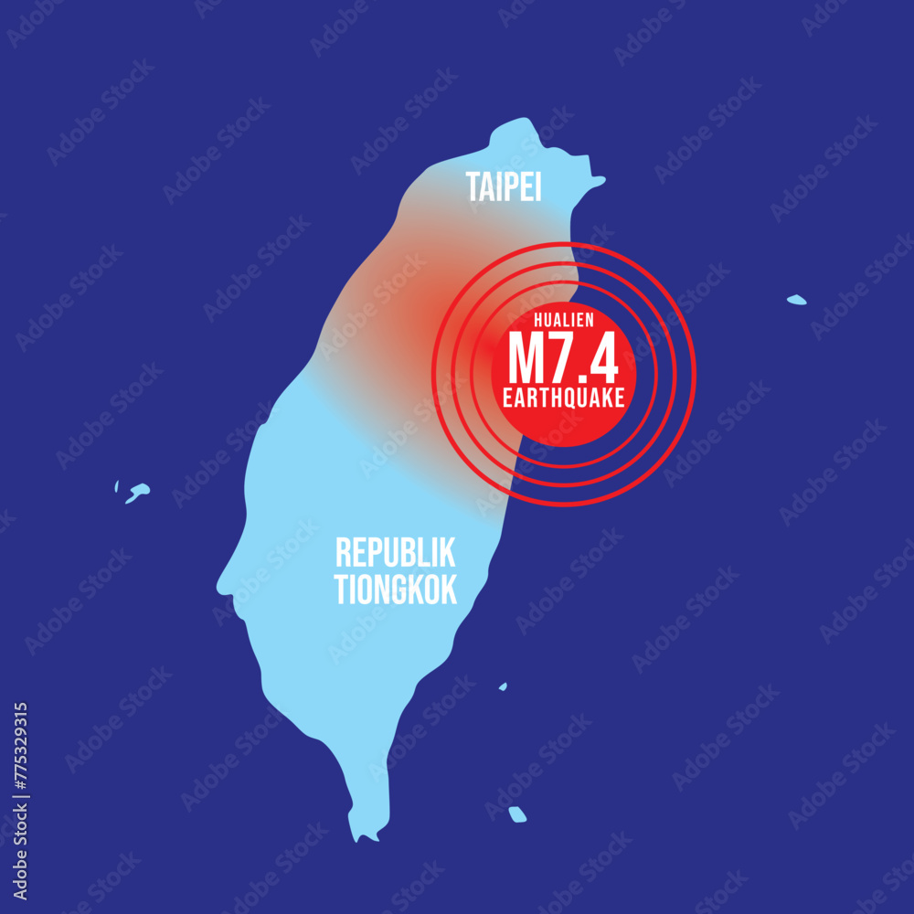 Taiwan earthquake map illustration concept in blue and red colors Stock ...