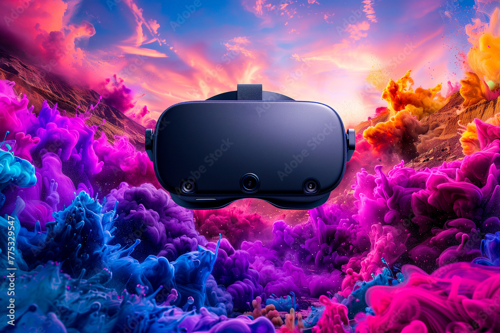 A virtual reality headset displaying an explosion of colors and shapes ...