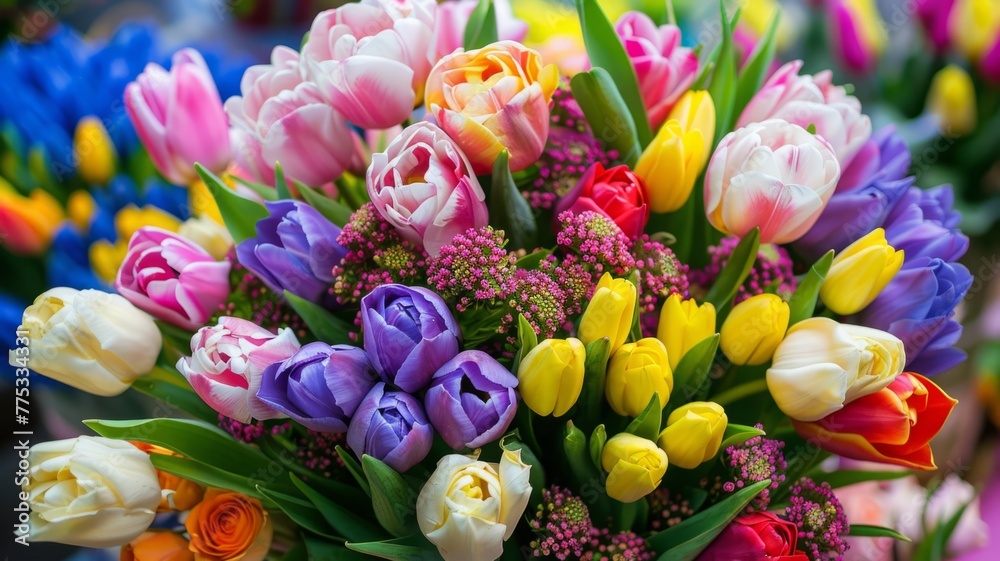 Assorted tulip bouquet against market background - A lavish collection ...