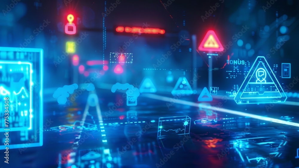 Futuristic neon warning signs with digital elements - A conceptual ...