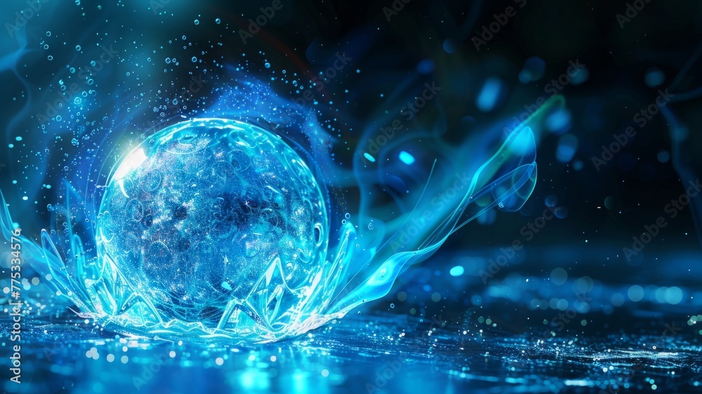 Spherical water capsule with trail on reflective surface - An ...