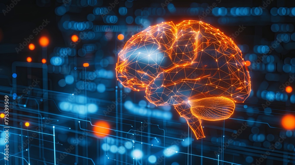 The concept of artificial intelligence. An abstract glowing brain. Turn ...