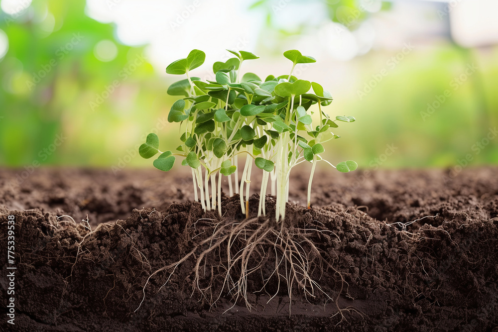 side view of a growing seedling with roots visible underground, growth ...