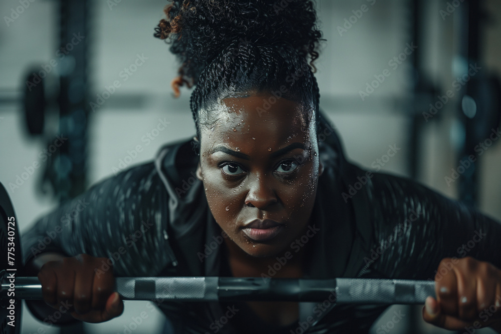 Intense determination shows on a plus-size woman's face as she lifts a ...
