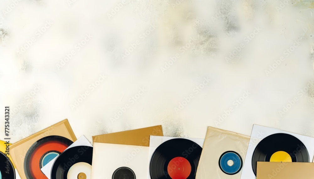 Collection of vintage vinyl records with artistic album covers. Classic ...