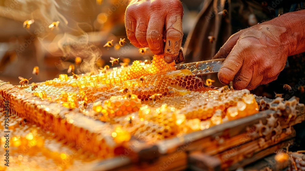Beekeeper extracting honey from hive. Close-up of hands collecting ...