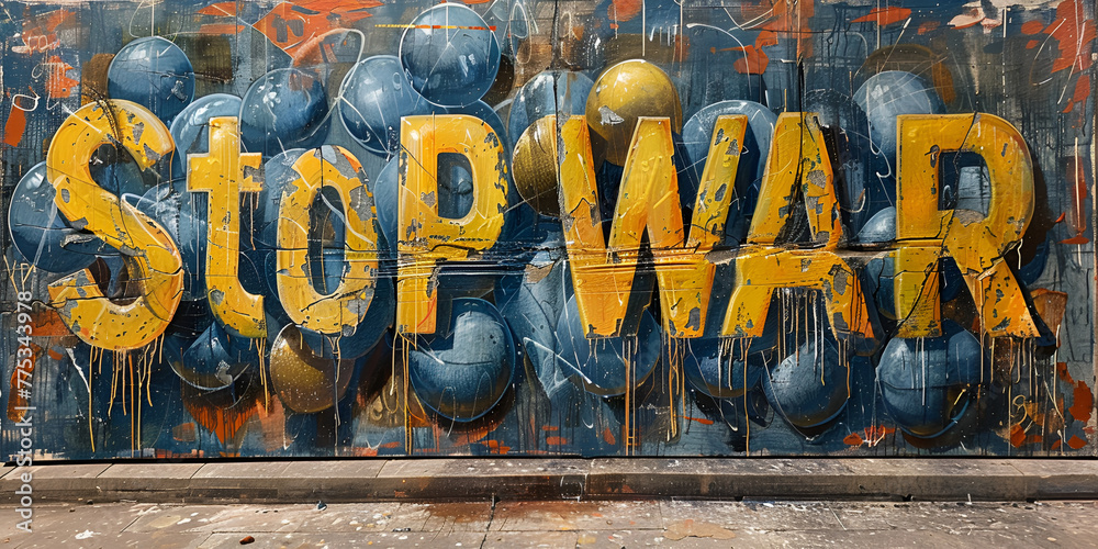 'Stop War' mural with yellow letters over graffiti balloons on a gritty ...
