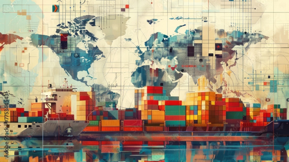 Abstract colorful world map with shipping containers - Stylized image ...