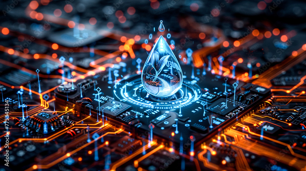 An image of a water droplet and leaf icon glowing on a futuristic ...