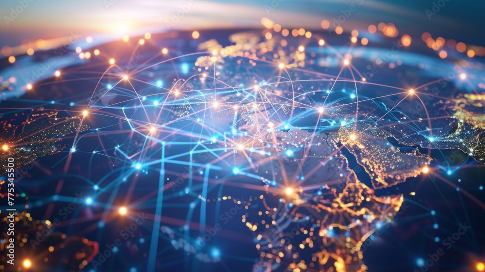 Glowing network nodes with European map background - Detailed view of ...