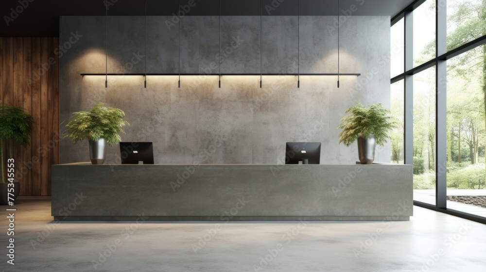 Modern front desk in a corporate lobby - Elegant lobby featuring a ...