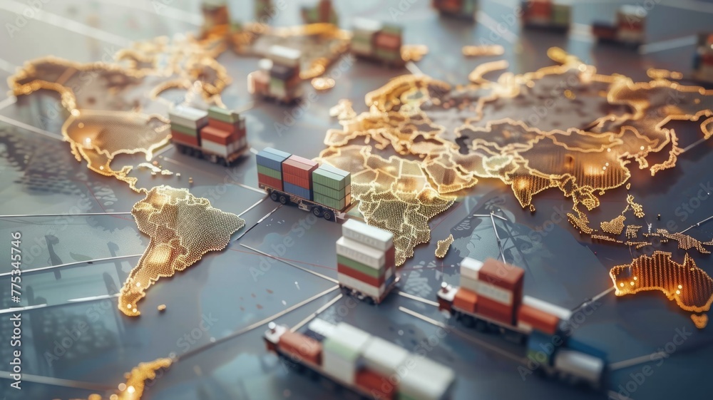 International logistics network with trucks and trains - Illustrative ...