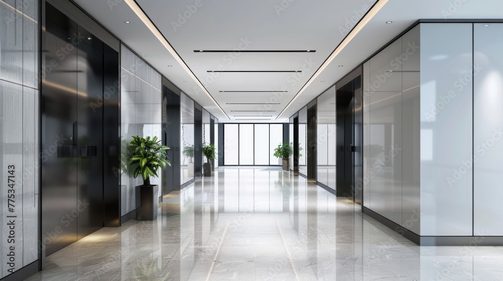 Spooky corridor in modern office building with dim lighting and eerie ...
