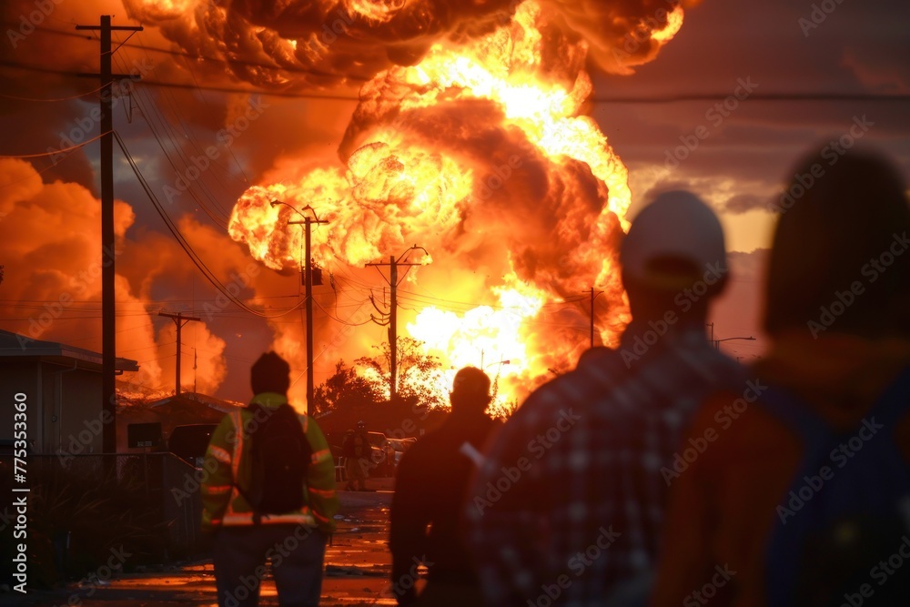 people watching disaster unfold in front of them, huge fire explosion ...