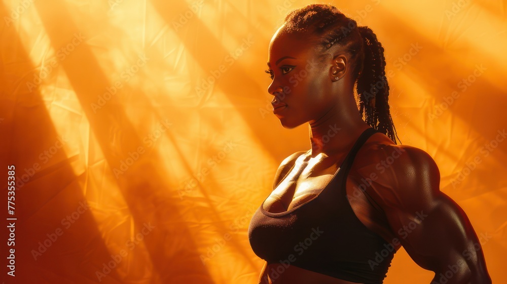 Muscular female body builder standing on a bright background with copy ...