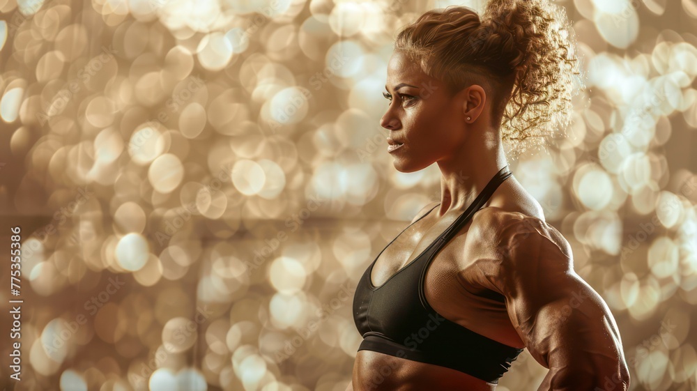 Muscular female body builder standing on a bright background with copy ...